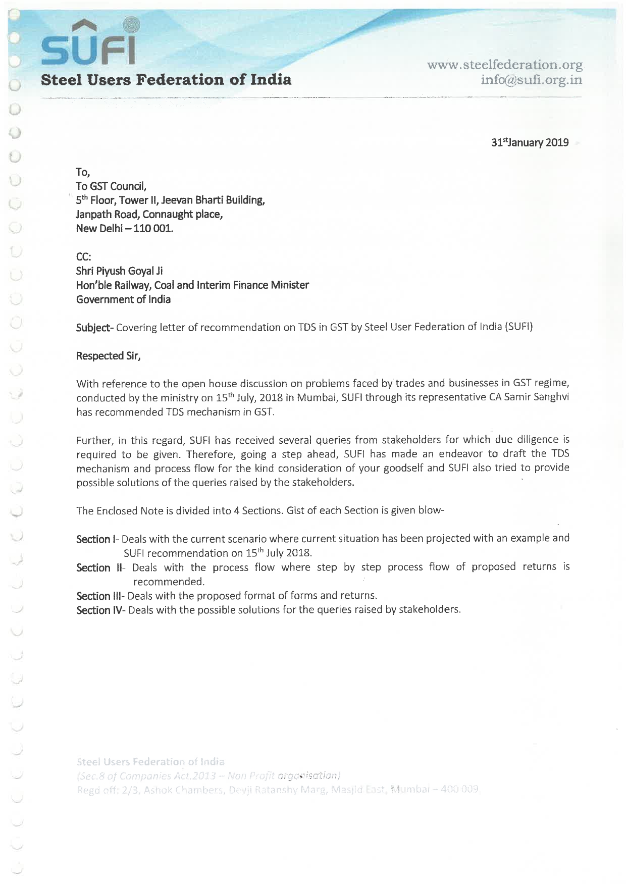 Letter To The GST Council Recommendation On TDS In GST SUFI Steel